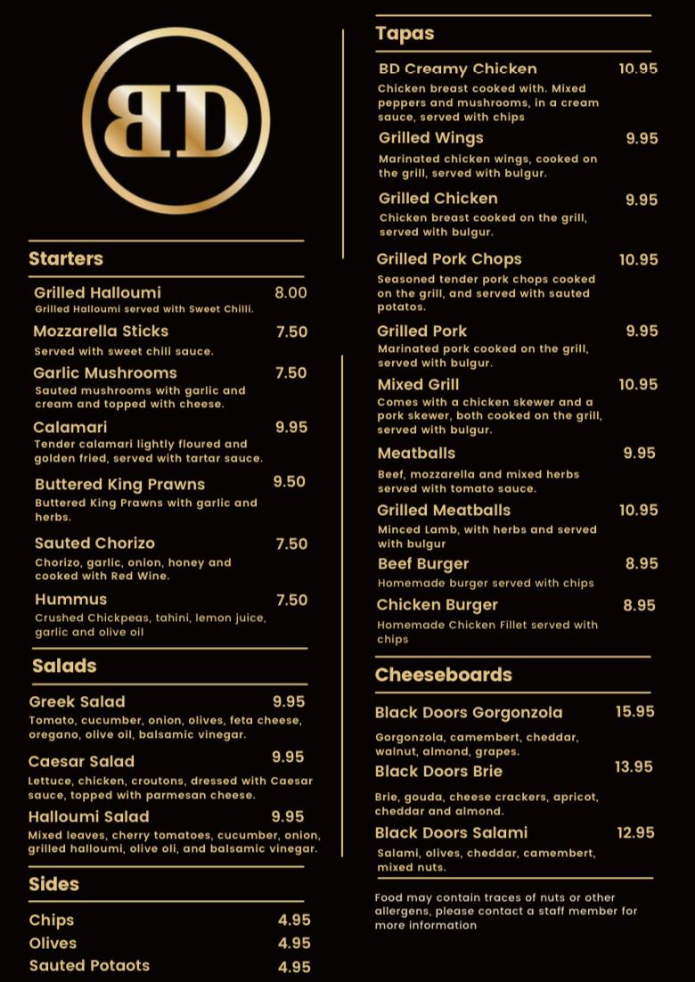 Menu at Black Doors restaurant, Hove