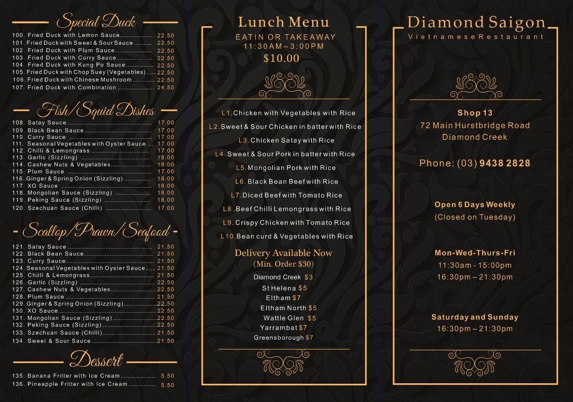 Carta del restaurante Diamond Saigon, Diamond Creek
