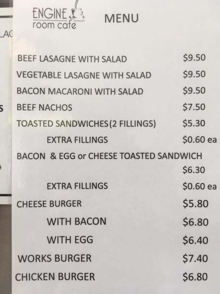 Menu at Engine Room Cafe, Tauranga