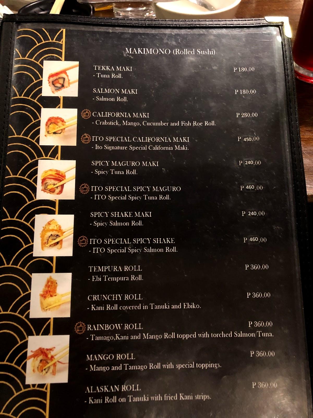 Menu at Ito Sushi Bar And Japanese Restaurant, Baguio