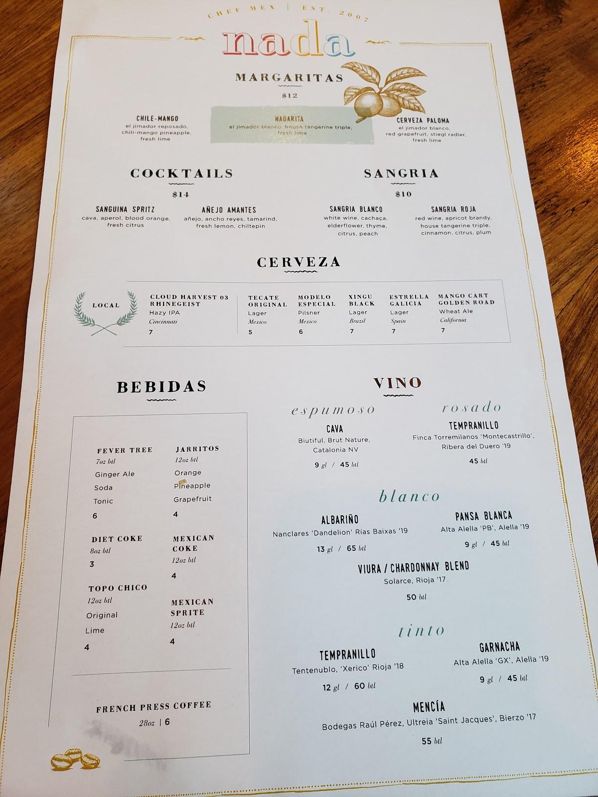 Menu at Nada restaurant, Cincinnati