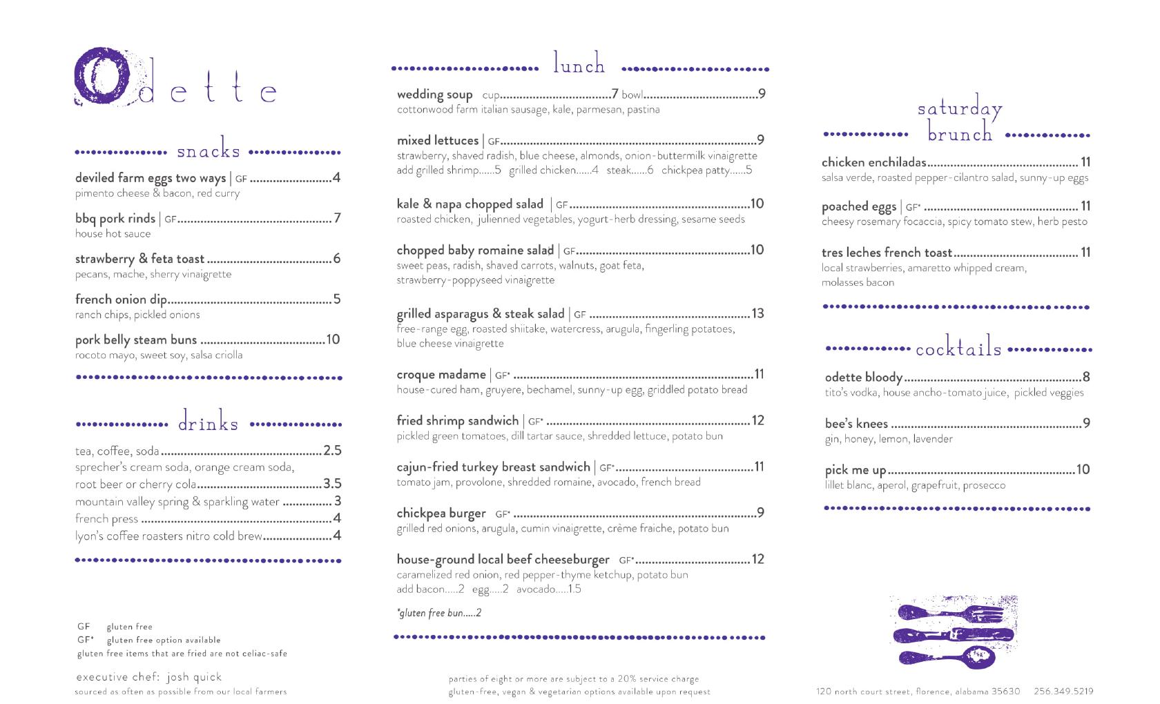 Menu at Odette pub & bar, Florence