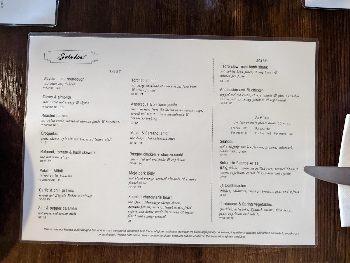 Carta del restaurante Saludos, Albury