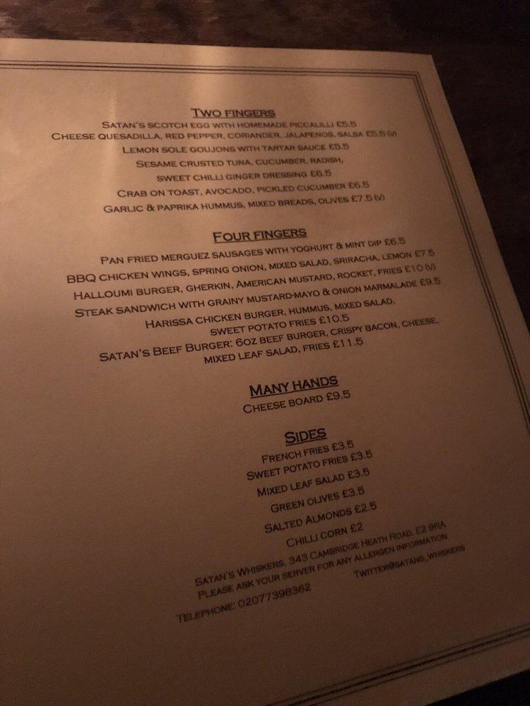 Menu at Satan's Whiskers pub & bar, London