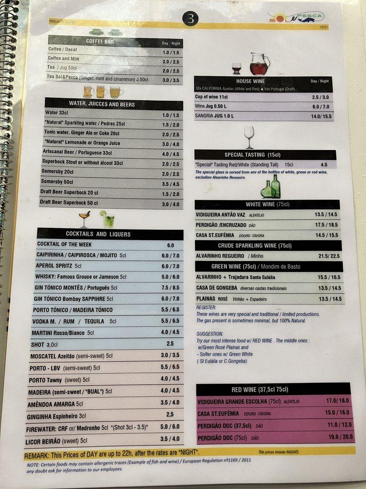 Menu at Sol e Pesca restaurant, Lisbon