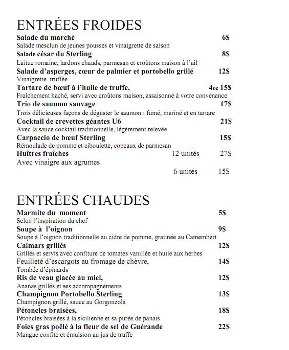 Menu au Sterling pub et bar, Gatineau