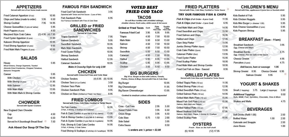 Menu at Tin Fish Oceanside restaurant, Oceanside, 302 The Strand N