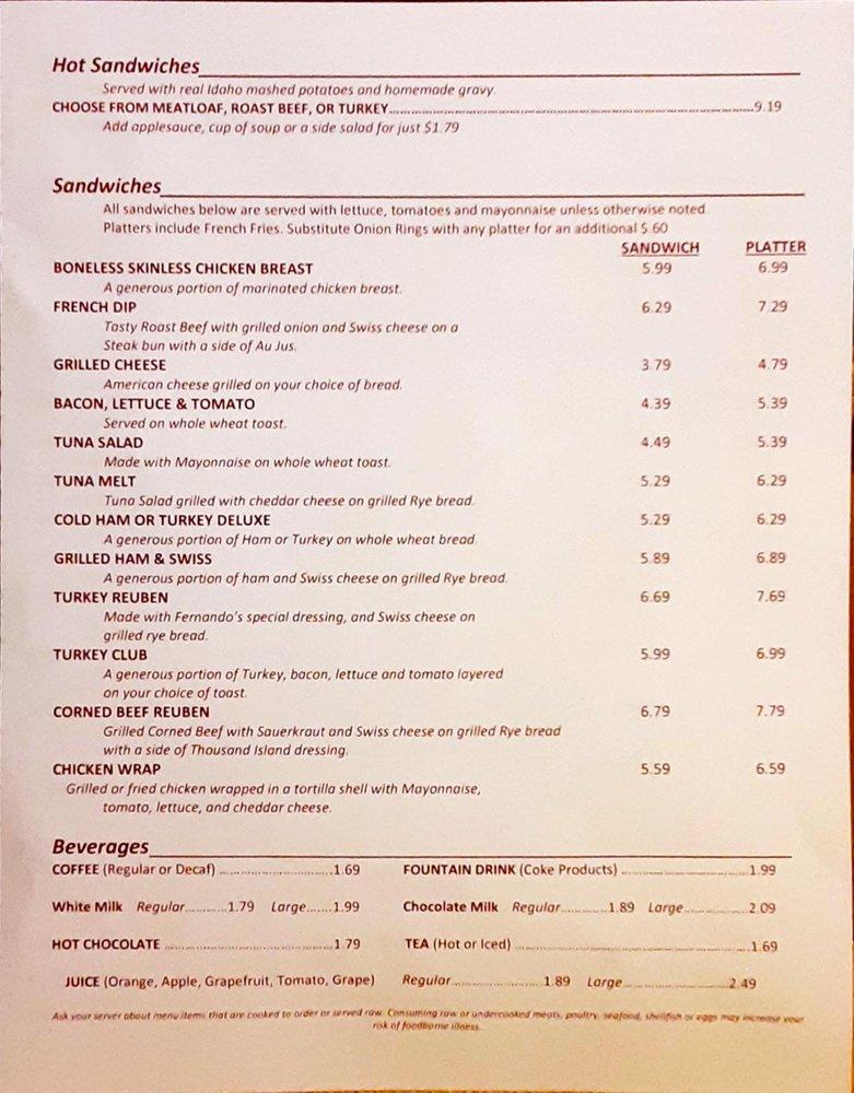 Menu at Fernando's Café cafe, Meridian charter Township