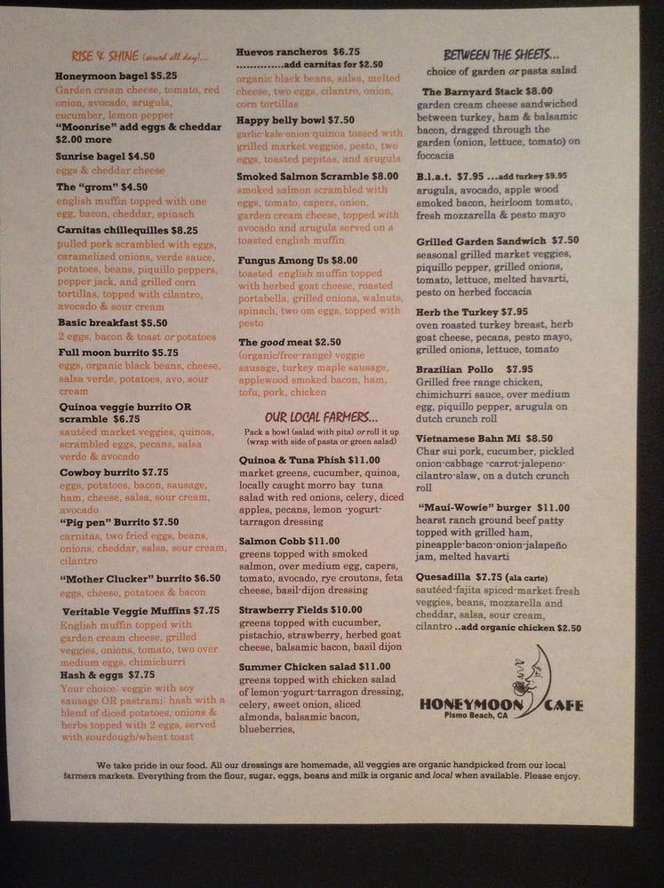 Menu at Honeymoon Cafe, Pismo Beach