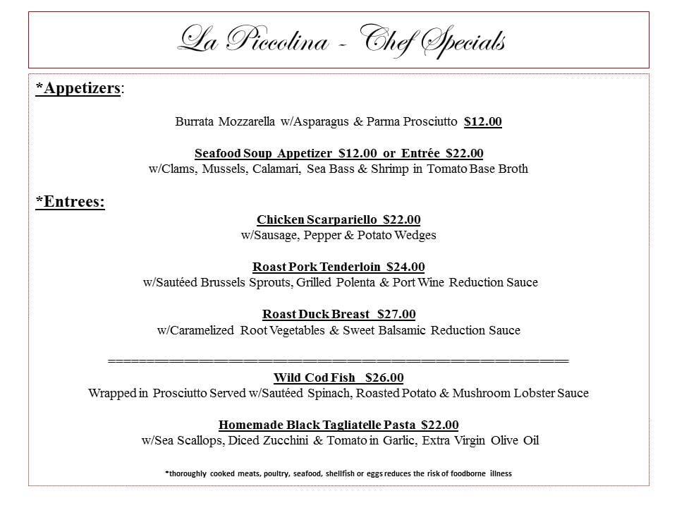 Menu at La Piccolina restaurant, New Milford, 27 Main St