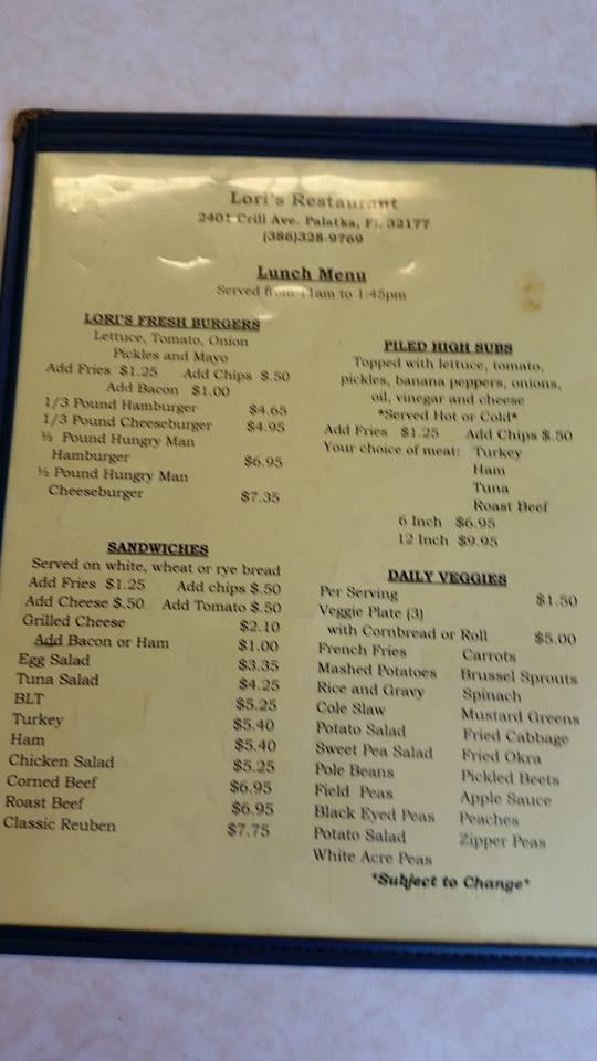 Menu at Lori's restaurant, Palatka