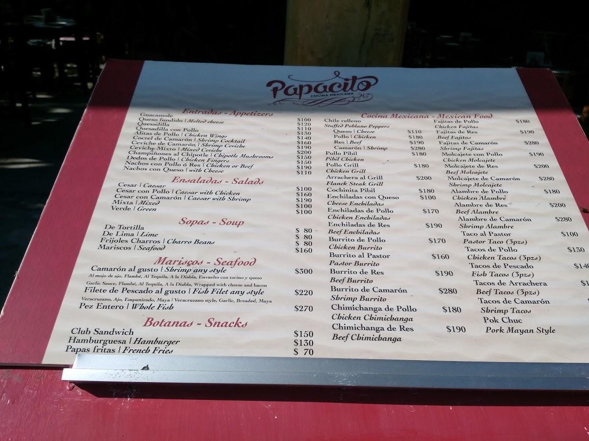 Menu at Papacito restaurant, Puerto Aventuras