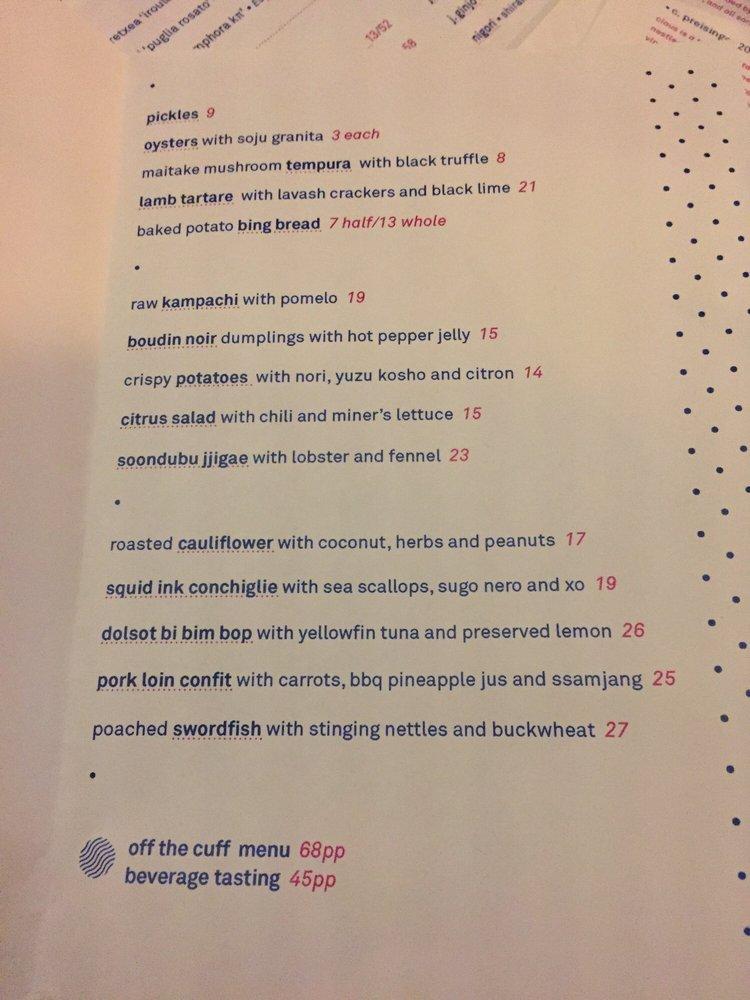 Menu at Parachute restaurant, Chicago