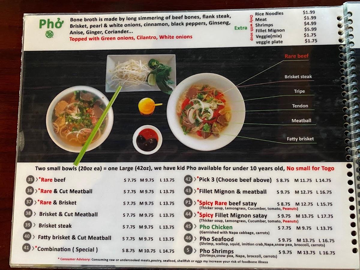 Menu at Phở Ginseng restaurant, Huntersville