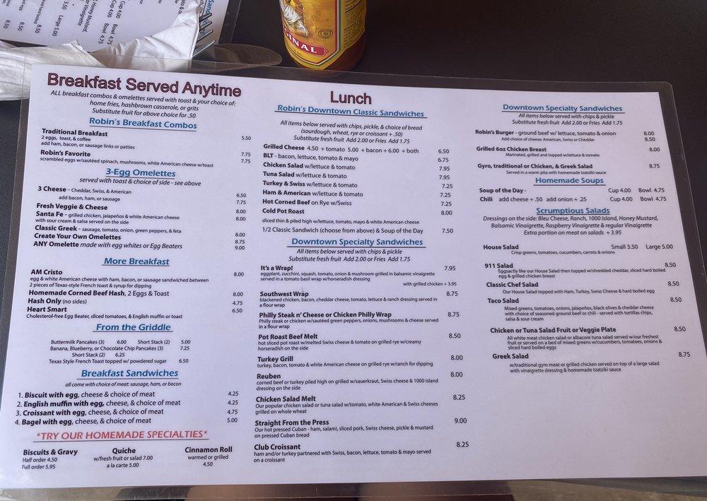 Menu at Robin's Downtown Cafe, Bradenton