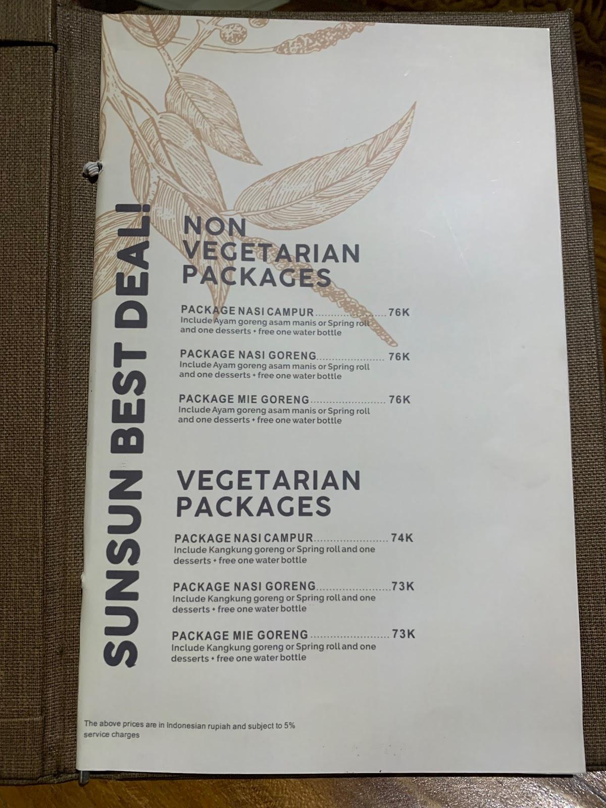 Menu at Sun Sun Warung restaurant, Ubud