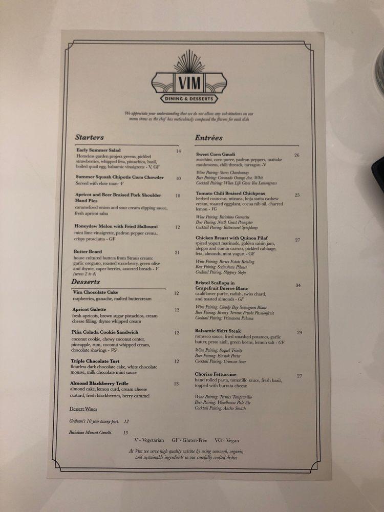 Menu at Vim Dining and Desserts, Santa Cruz