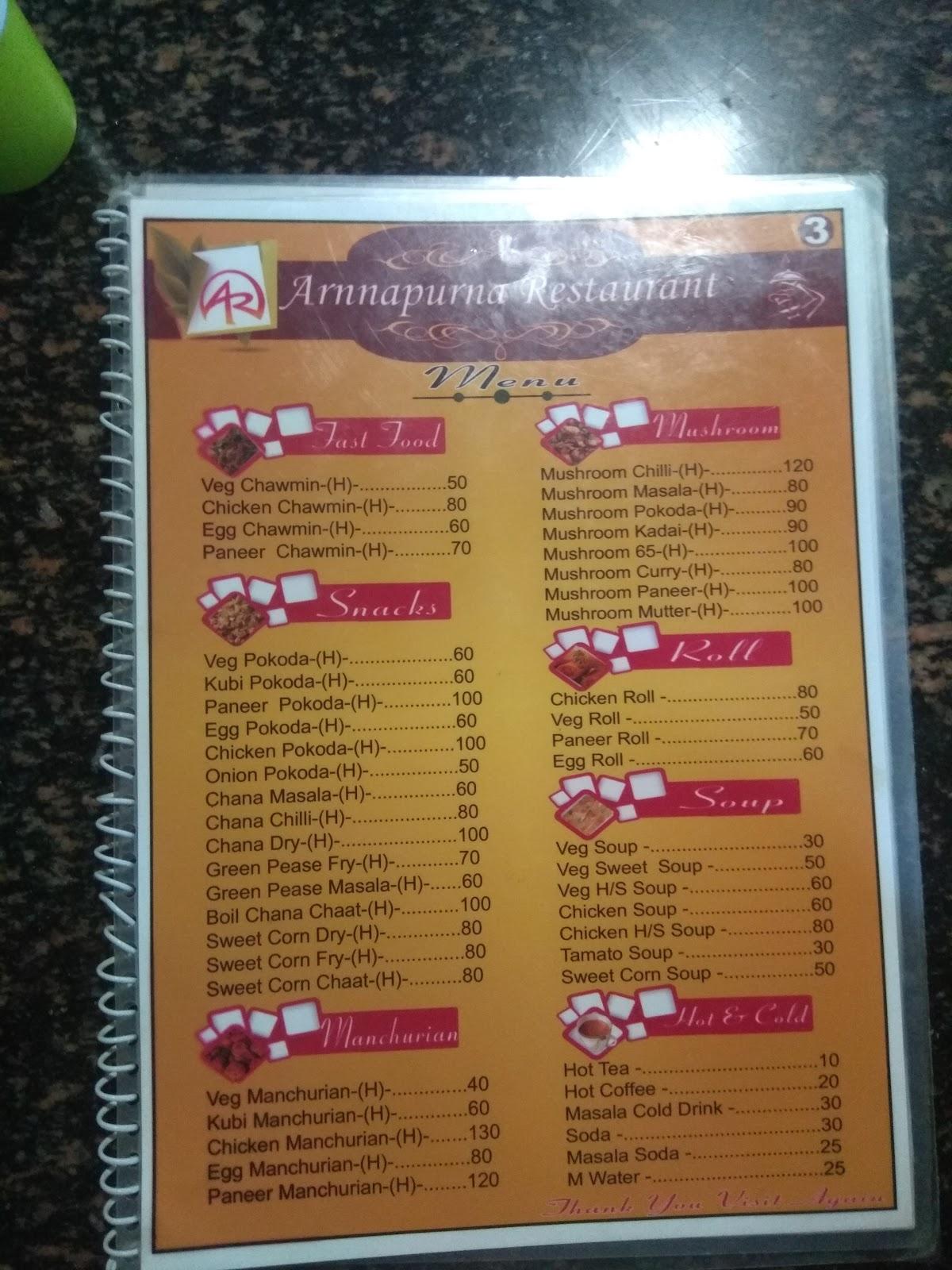 Menu at Annapurna Restaurant, India, 19