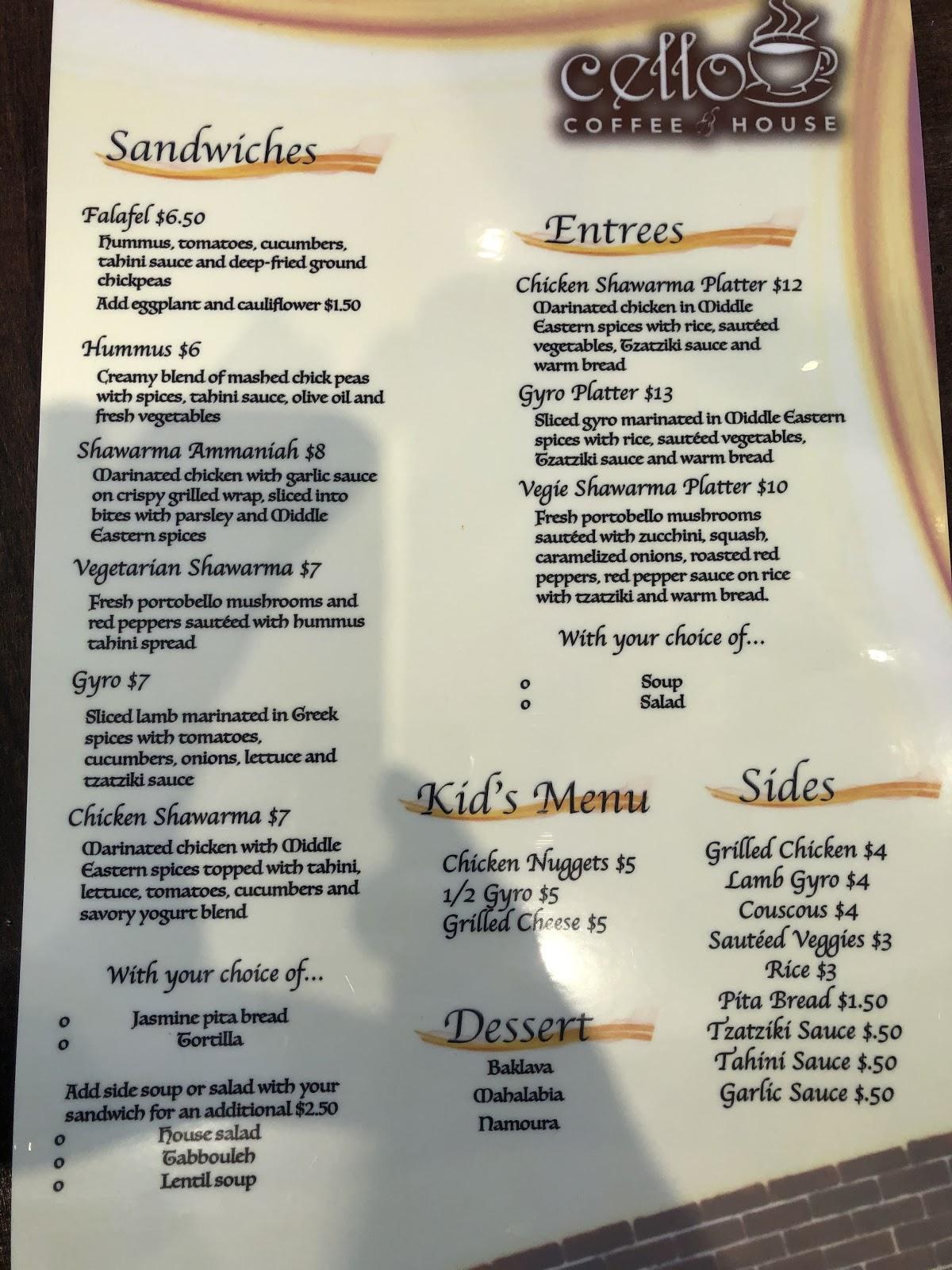 Menu at Cellō coffee house & cafe, Roanoke