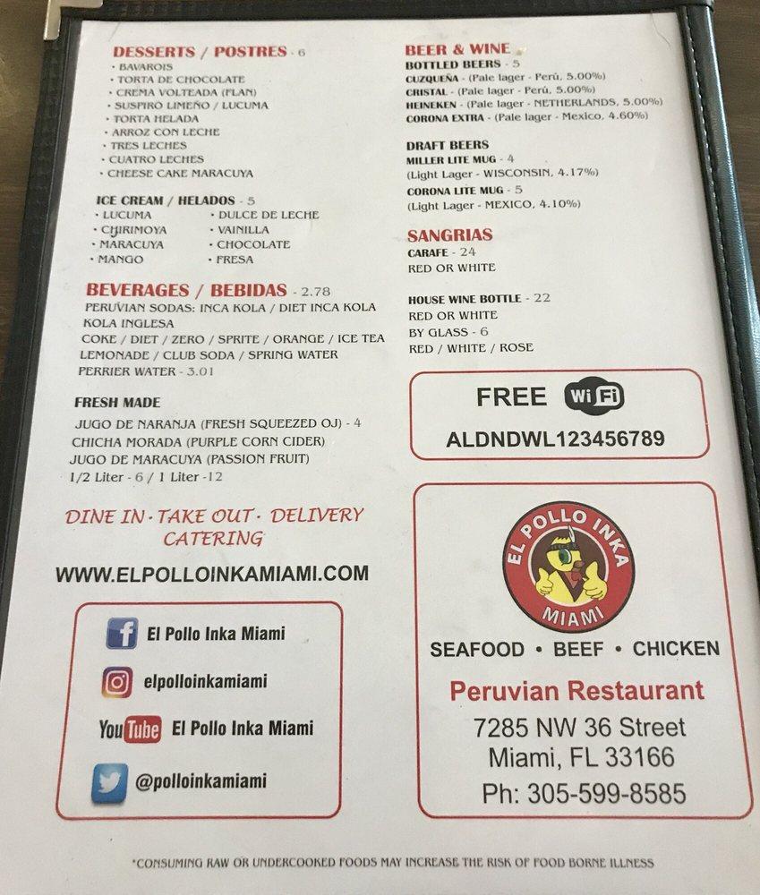 Menu at El Pollo Inka Miami restaurant, Miami, NW 36th St