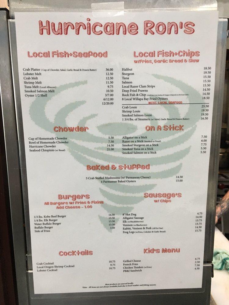 Menu at Hurricane Ron's restaurant, Astoria