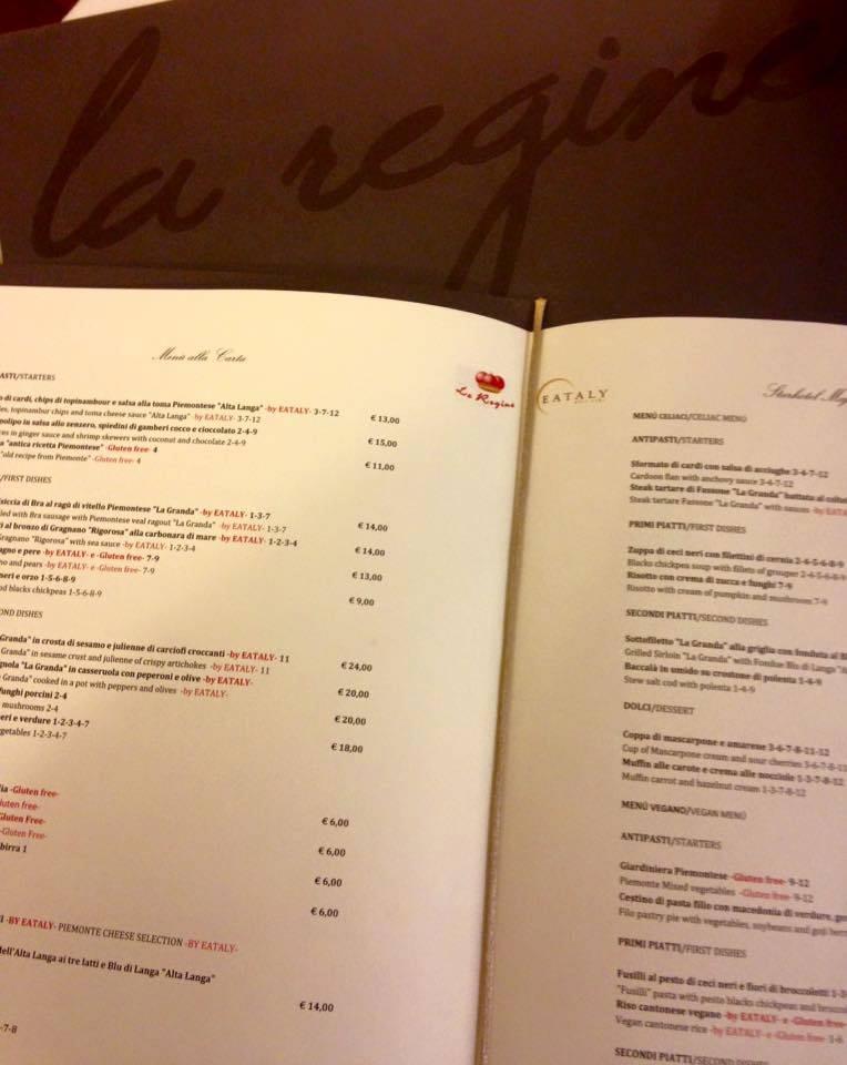 Menu at Le Regine restaurant, Turin