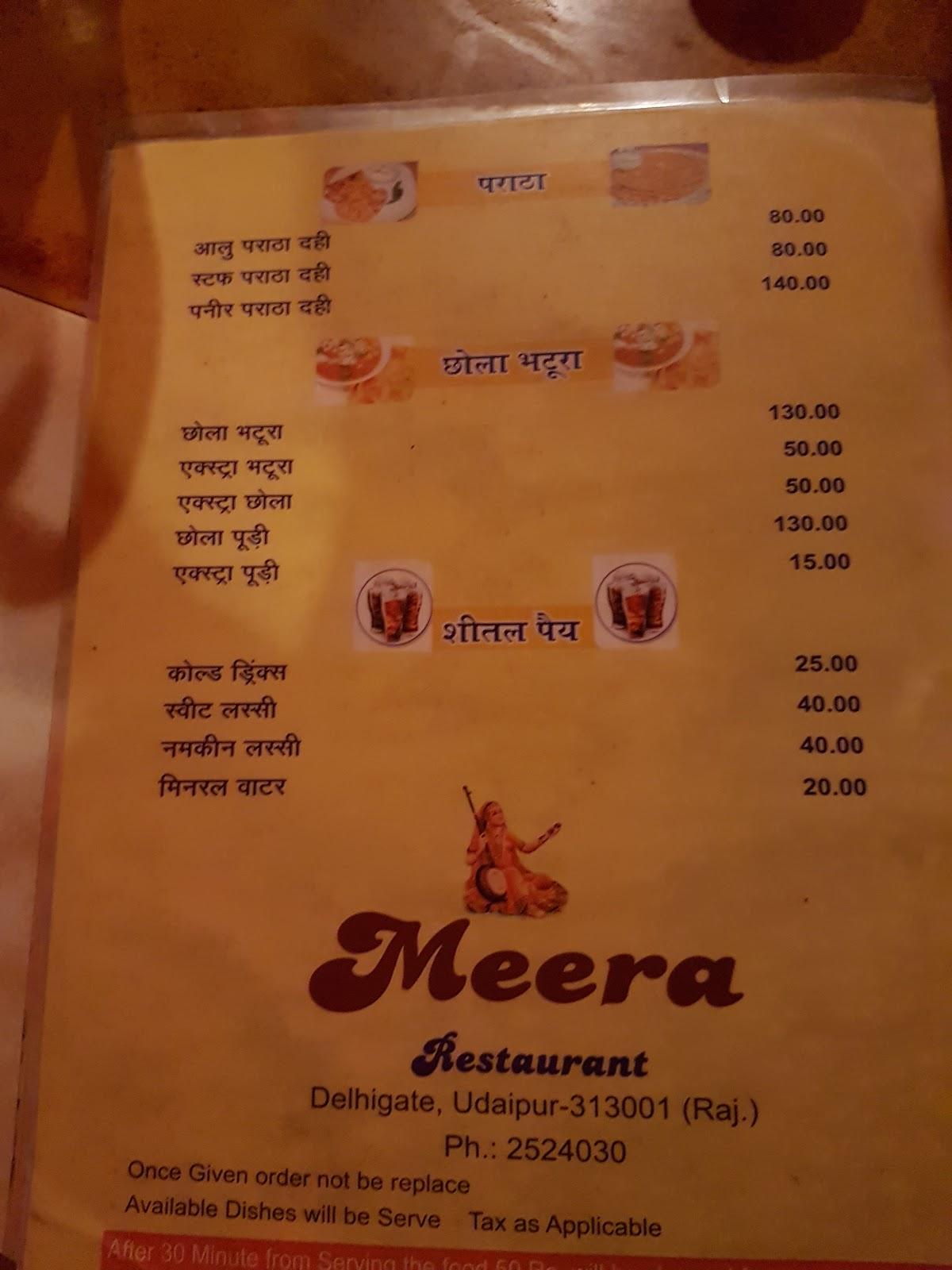 Menu at Meera Restaurant, Udaipur