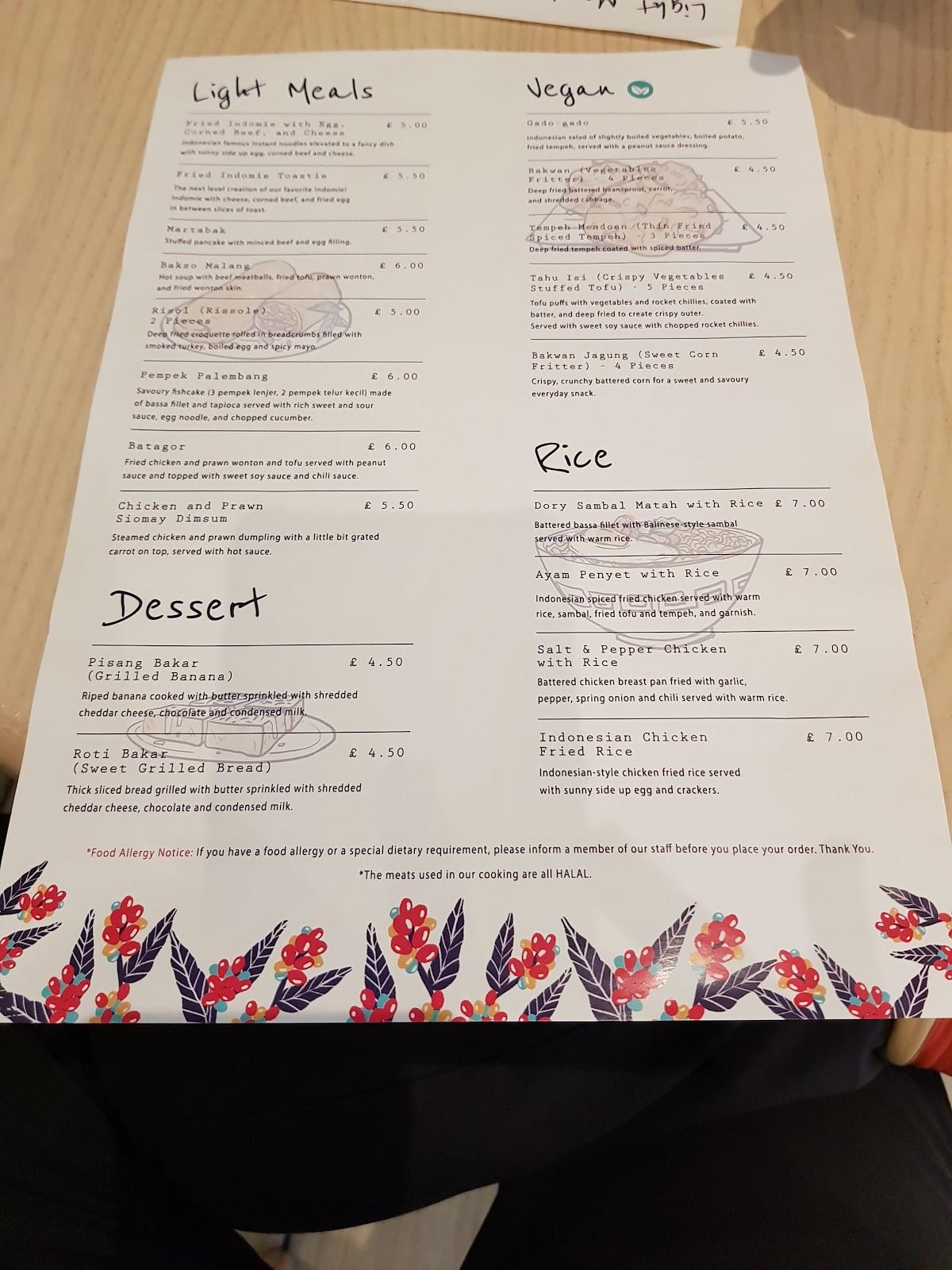 Menu at Ngopi Coffee UK cafe, Birmingham