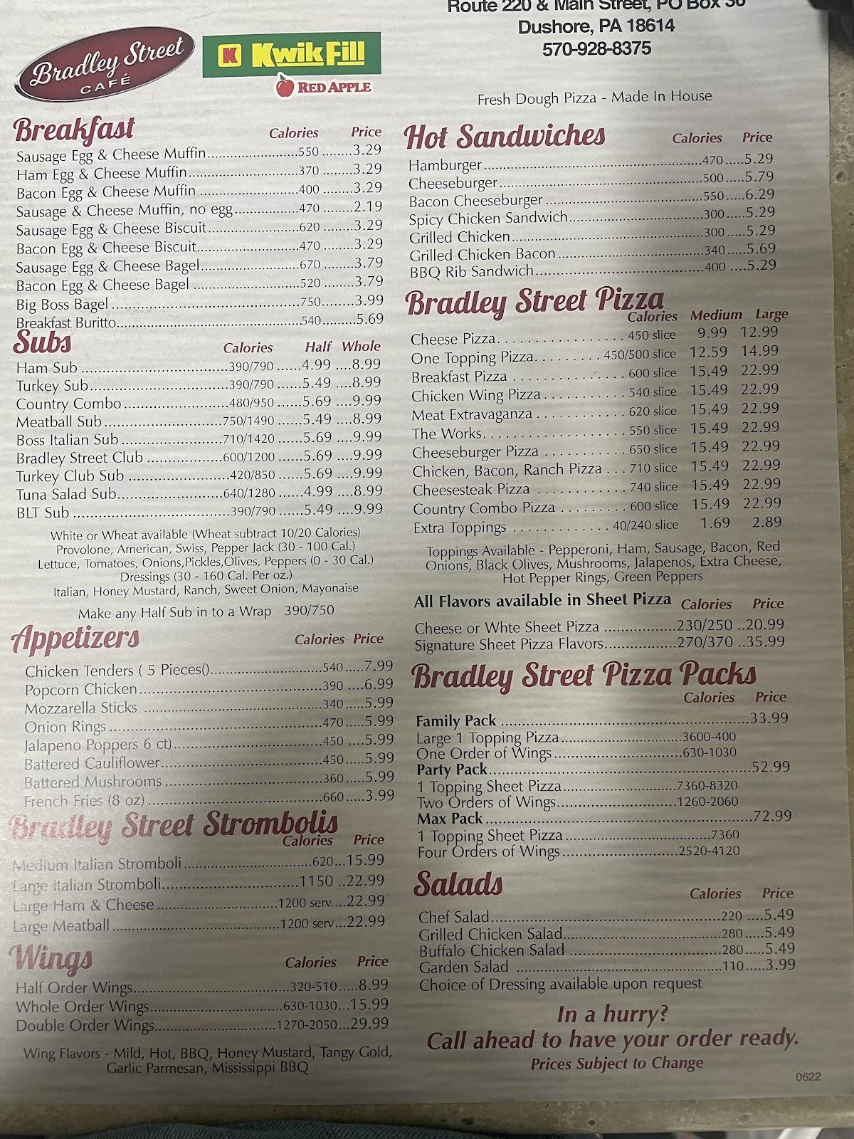 Menu at Pudgie's Pizza restaurant, Dushore
