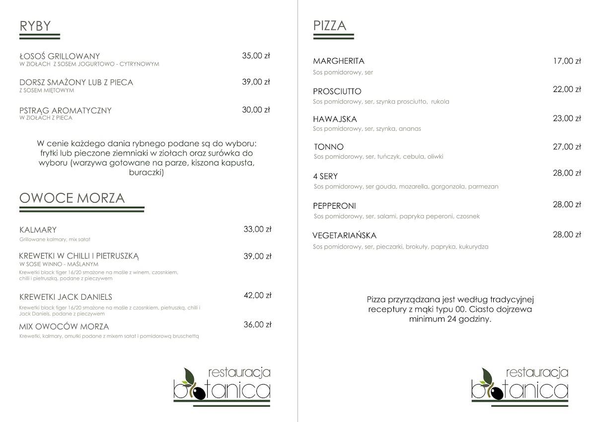 Menu at Restauracja Botanica restaurant, Niechorze