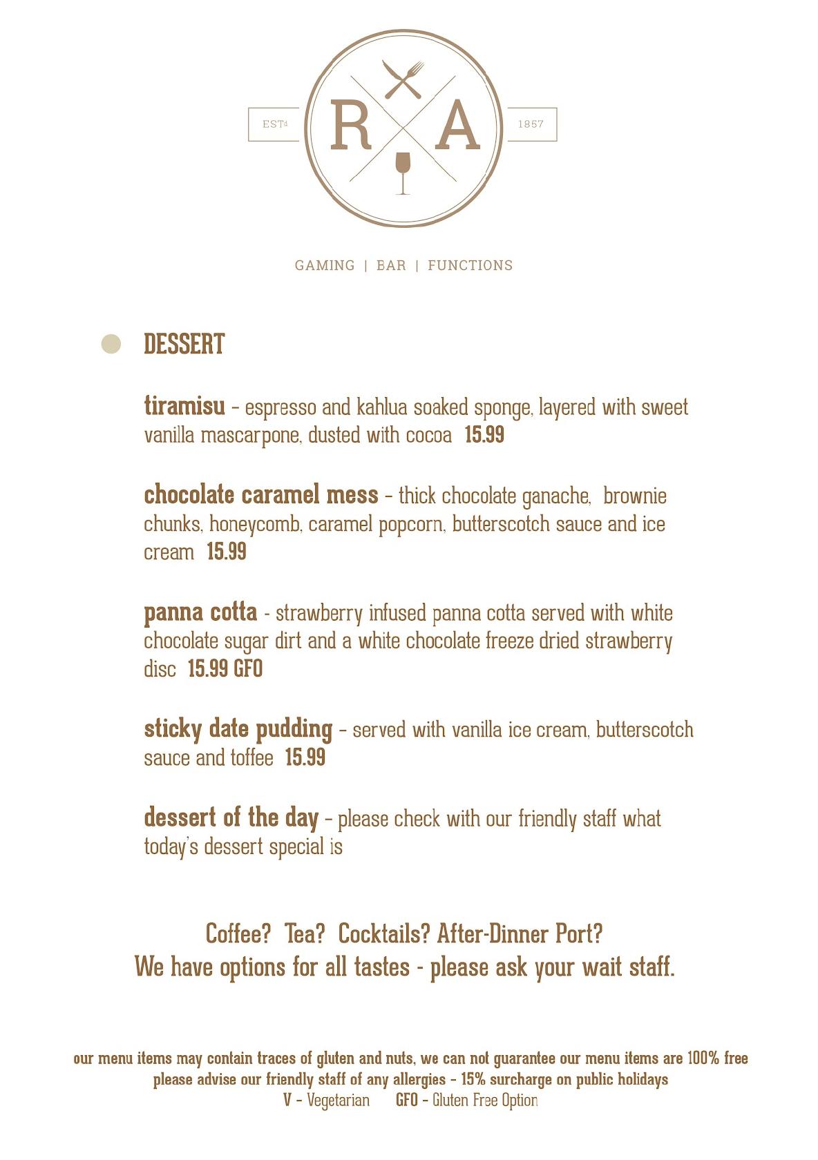 Menu at River Arms Hotel restaurant, Ulverstone