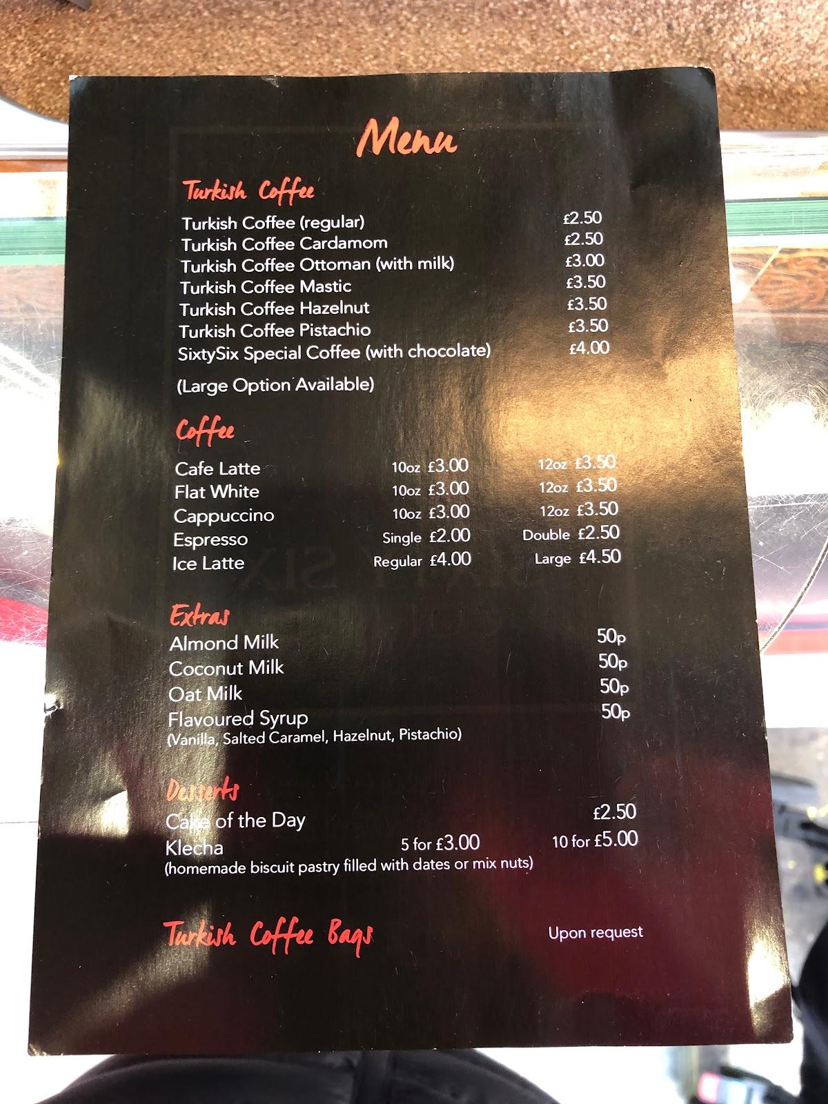 Menu at Sixty Six Coffee, London