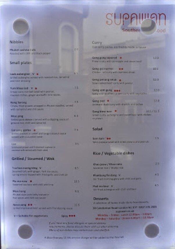 Menu at Supawan Thai Food restaurant, London