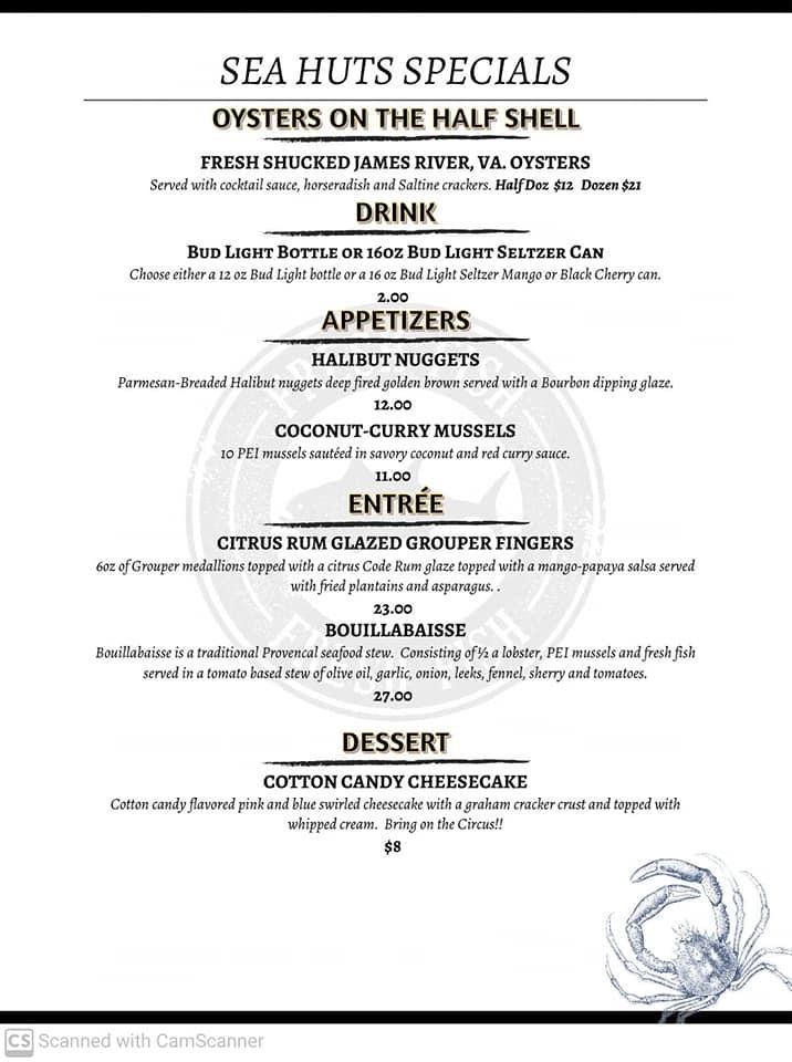 Menu at The Sea Hut restaurant, Palmetto