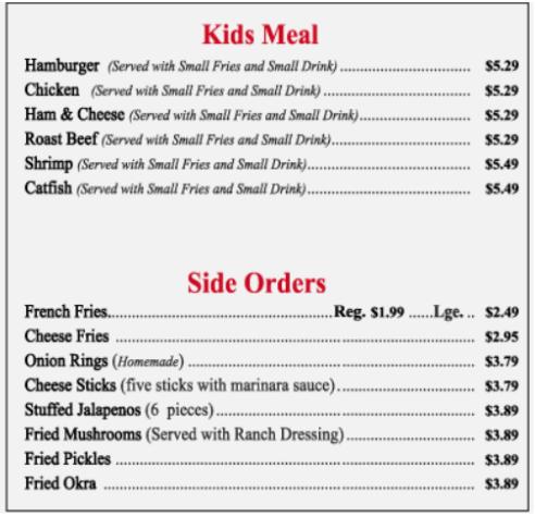 Menu at Adams restaurant, Baton Rouge