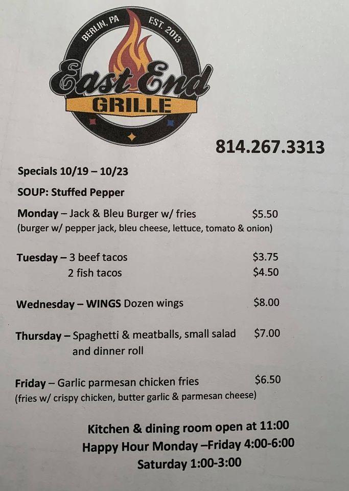 Menu at East End Grille pub & bar, Berlin, Main St