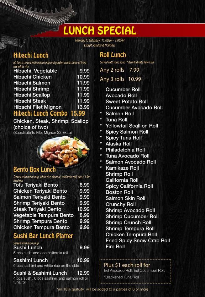 Menu at Fuji Hibachi Sushi Asian Bistro restaurant, Oneida