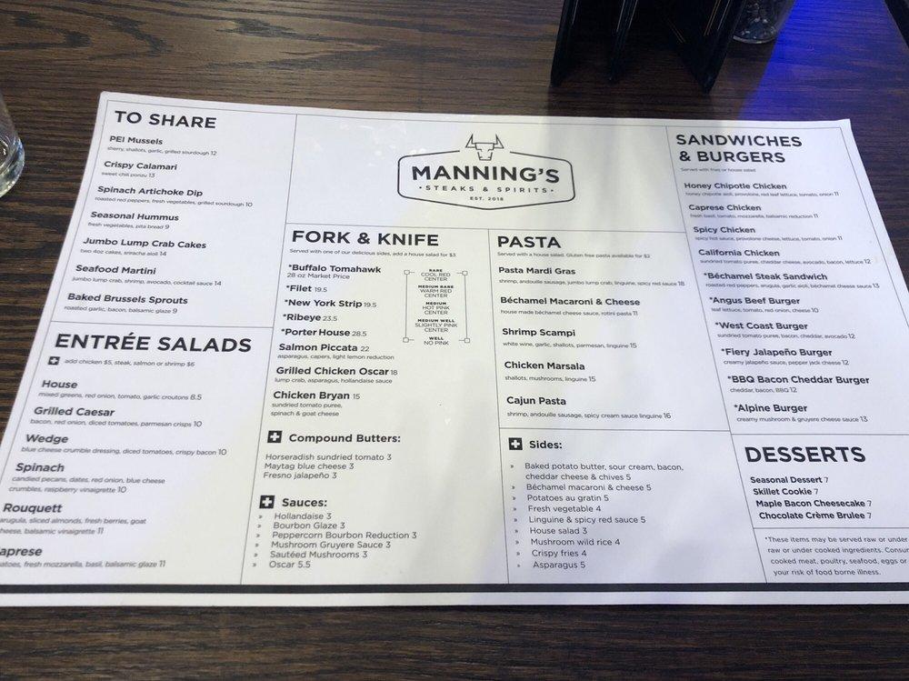 Menu at Manning's Steaks and Spirits steakhouse, Lakewood
