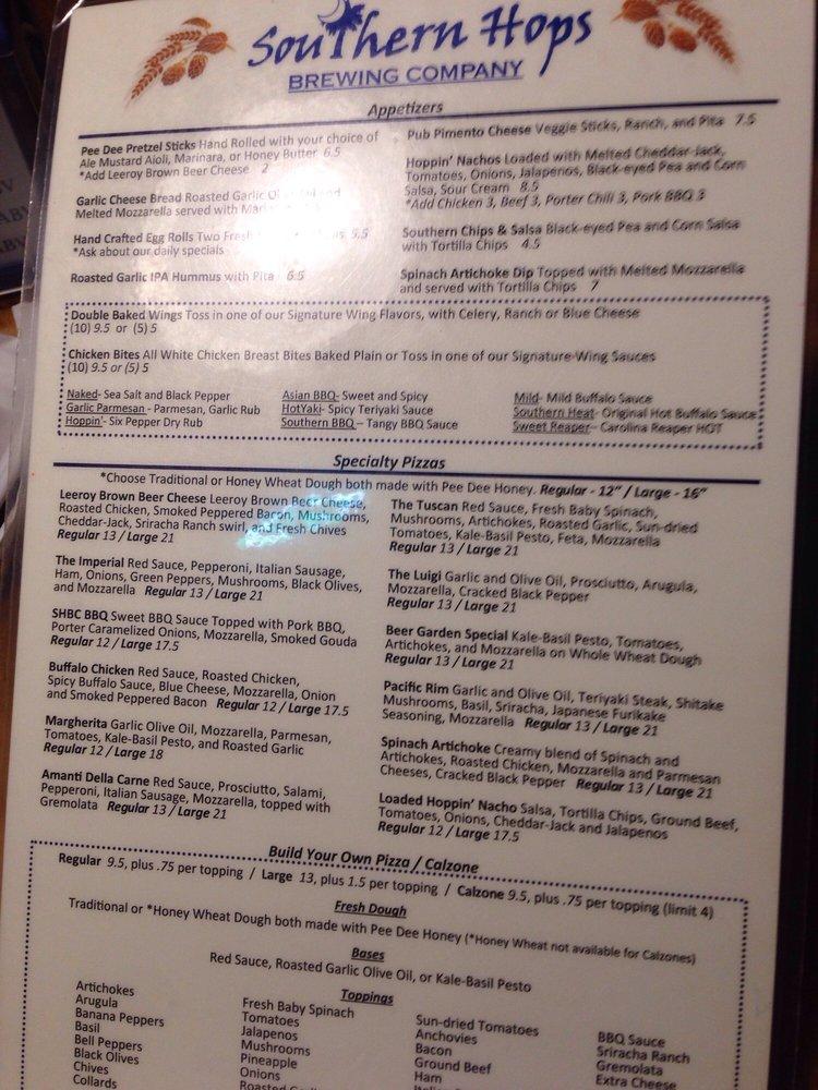 Menu at Southern Hops Brewing Co. pizzeria, Florence