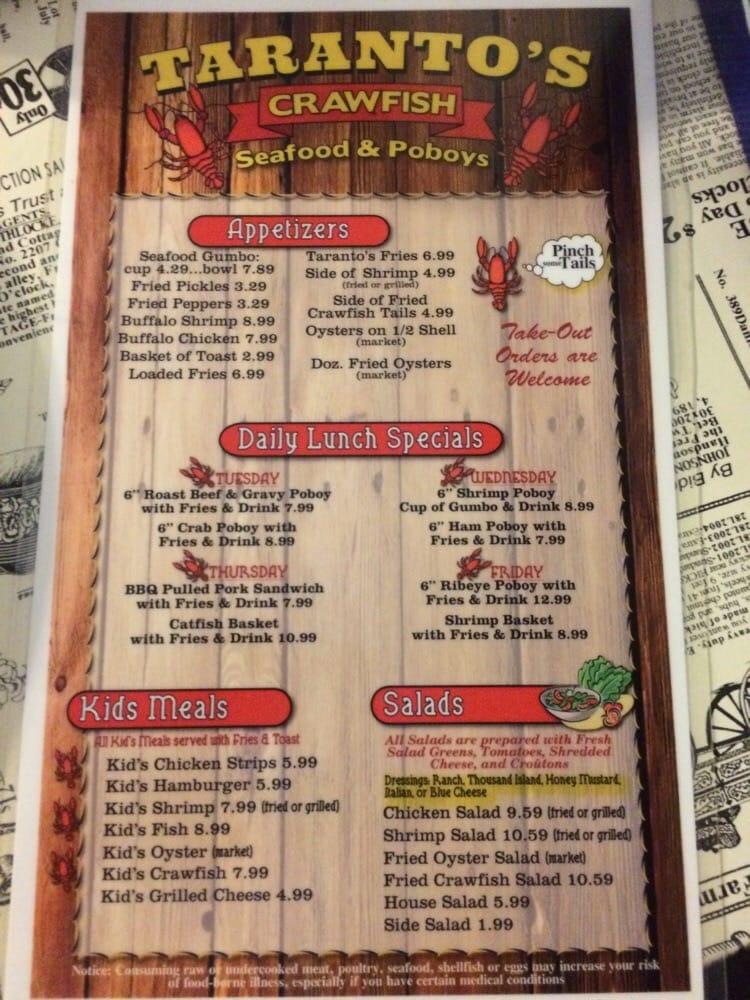 Menu at Taranto's Crawfish restaurant, Biloxi