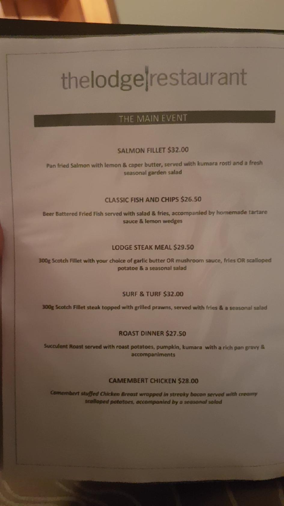 Menu at The Lodge Restaurant, Masterton