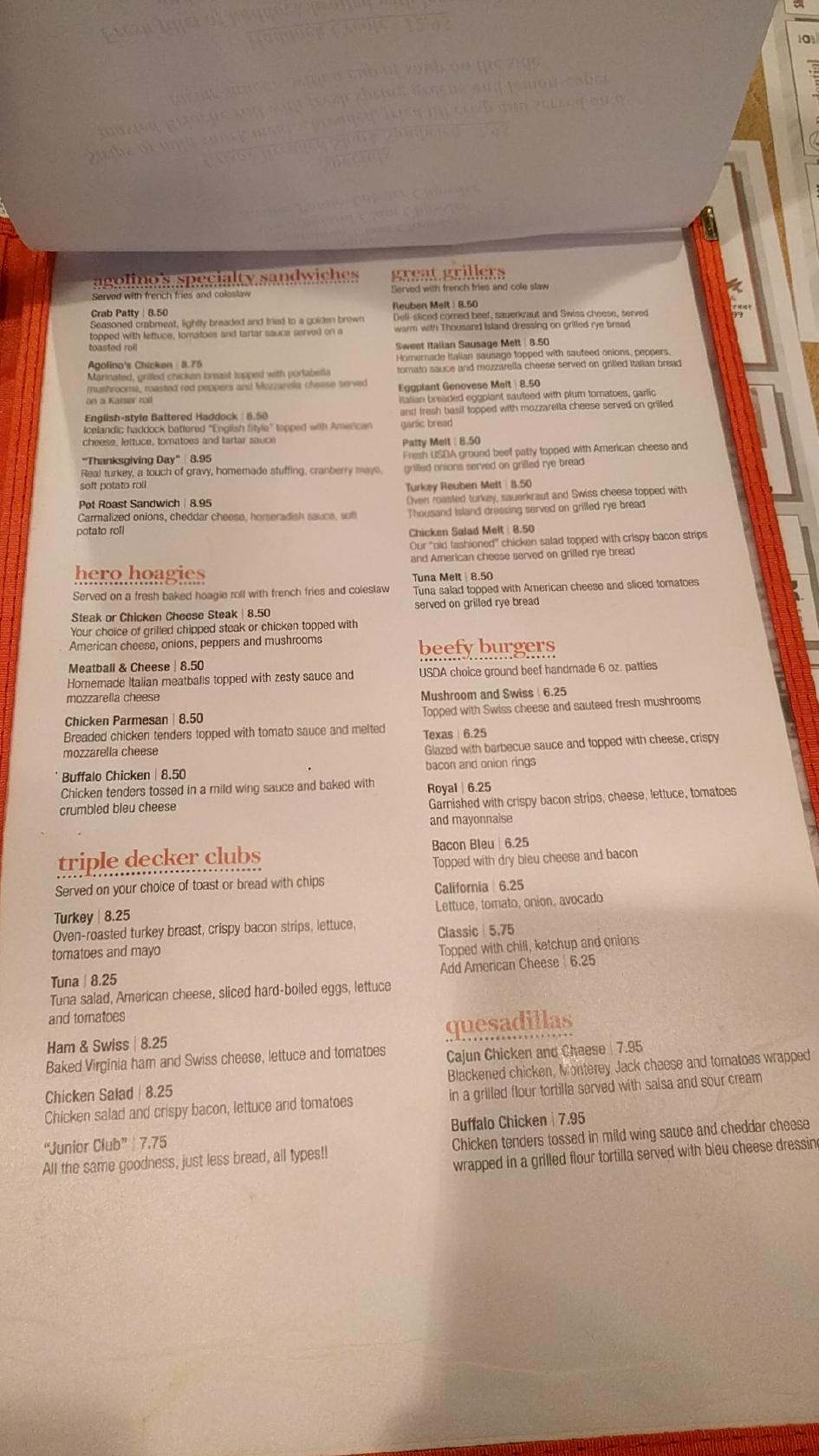 Menu at Agolinos restaurant, Exeter