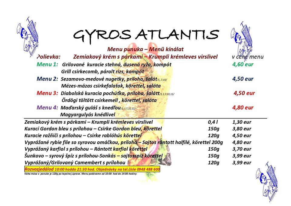 Menu at Atlantis restaurant, Dunajská Streda