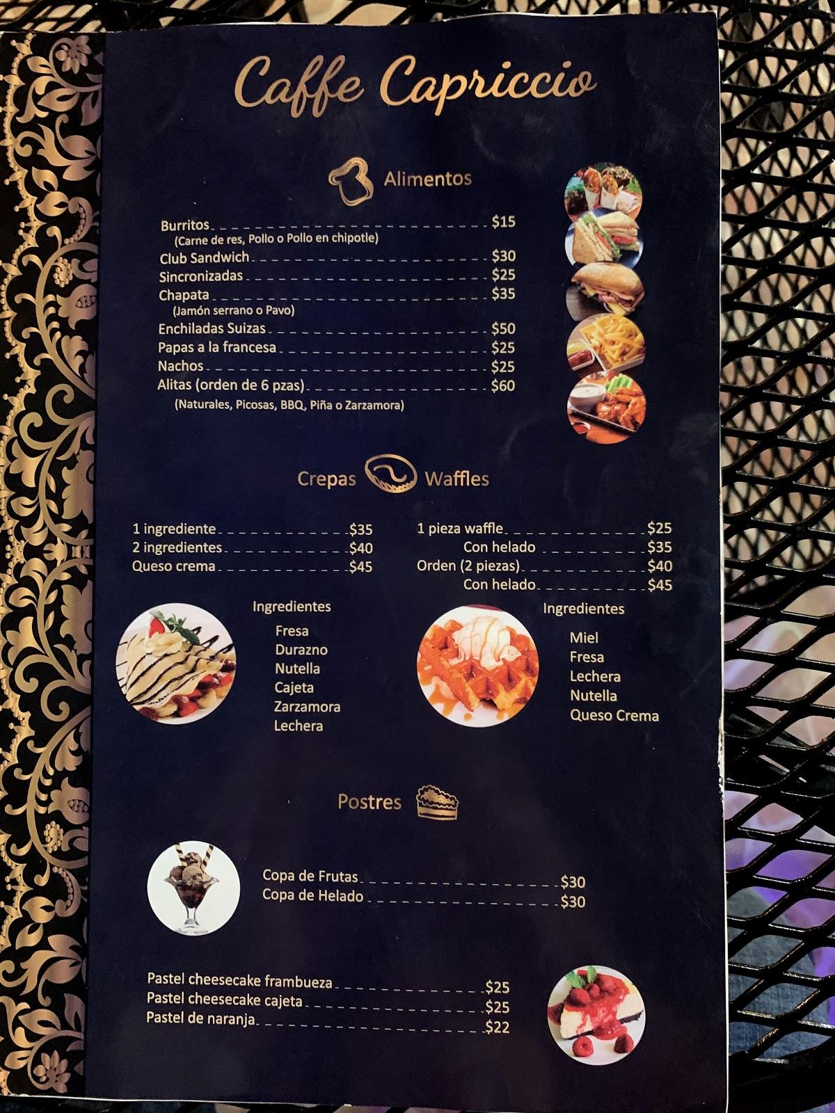 Menu at Café Capriccio, Rincón de Tamayo