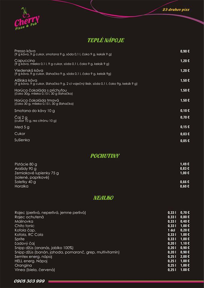 Menu at Cherry Pub, Benkovce