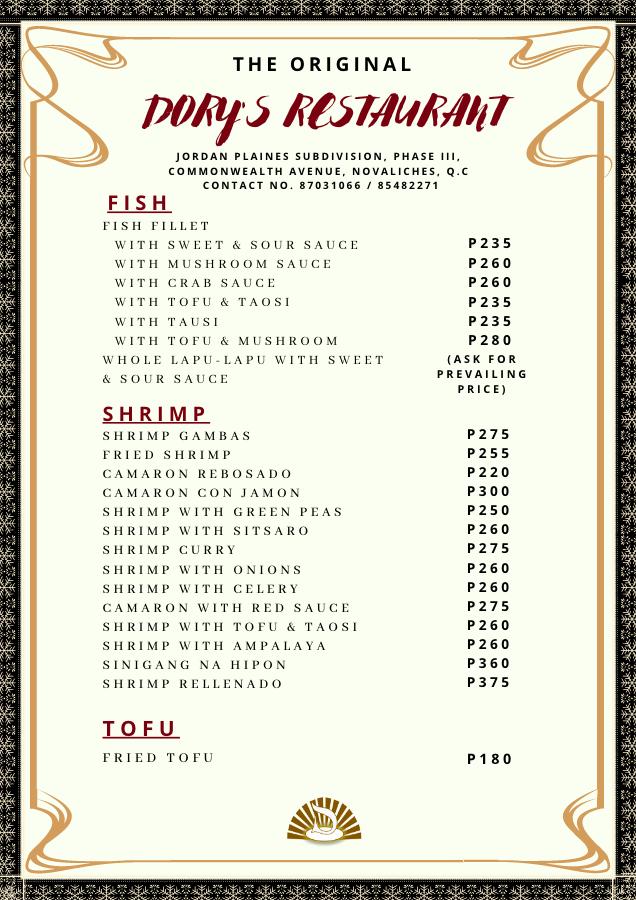Menu at Dory's Restaurant, Quezon City