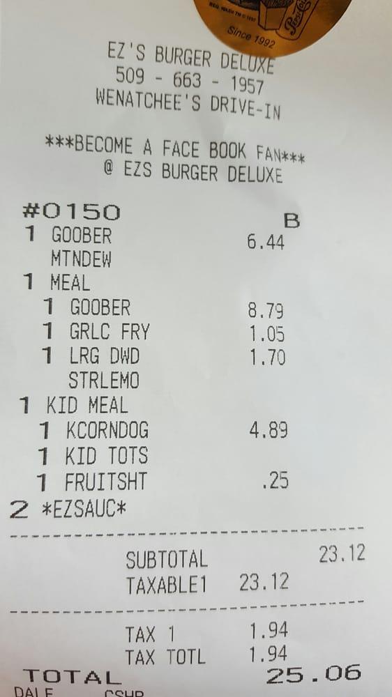 Menu at EZ's Burger Deluxe restaurant, Wenatchee
