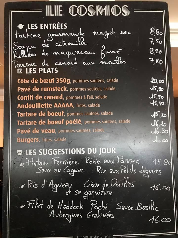 Menu at Le Cosmos Café, Paris