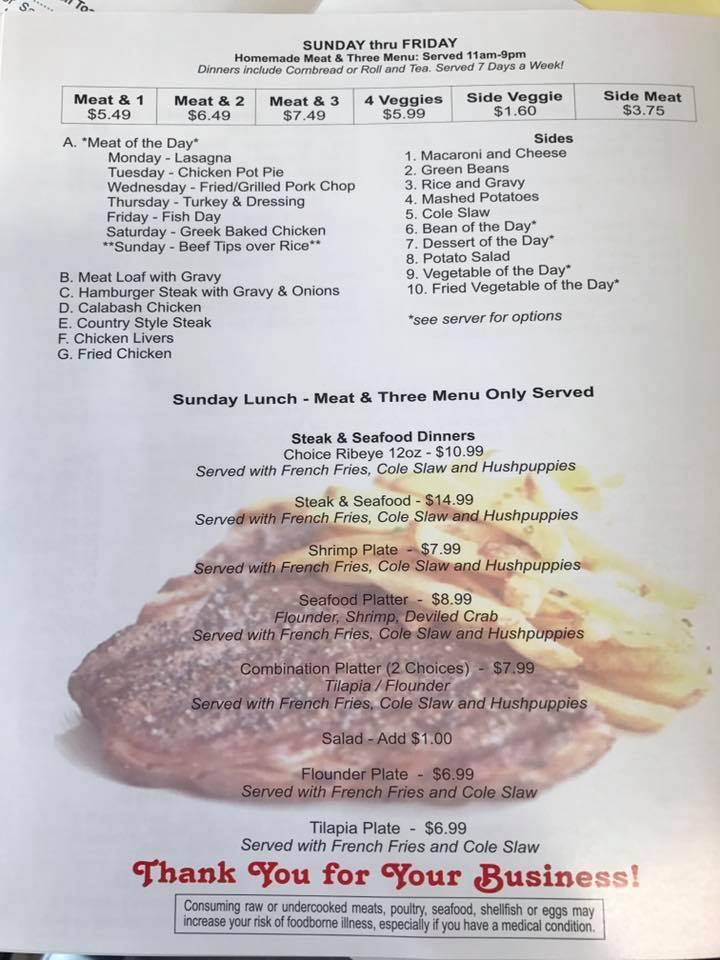 Menu at Mill Town Place restaurant, Pelzer