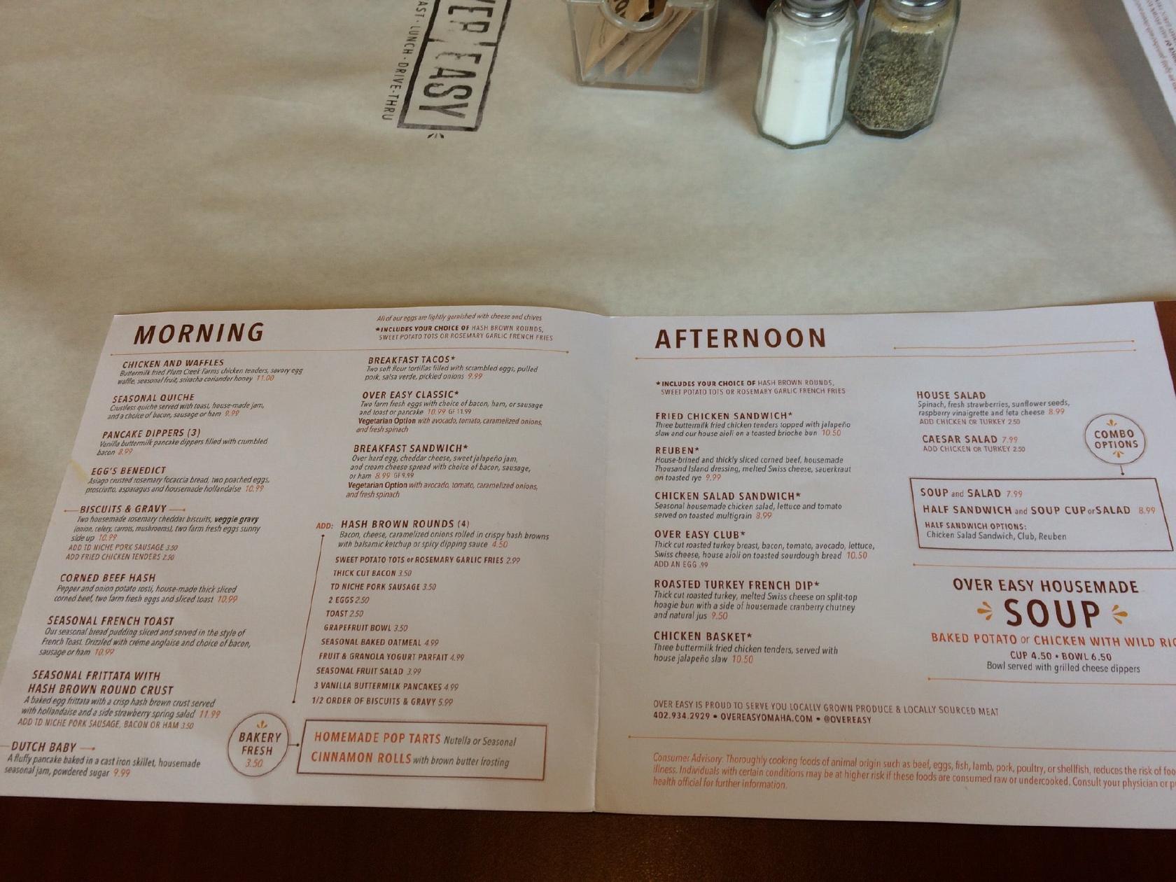 Menu at Over Easy restaurant, Omaha